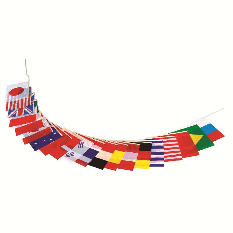 ●旗サイズ＝縦35cm×横45cm●自重＝330g／組●材質＝ポリエステル（テトロン）●20ヶ国セット（連結式）●12mm幅綿テープ紐●全長＝約17．6m●日本製※本製品は綿テープで連結されています。2組3組と連結して使用される場合は、補強...