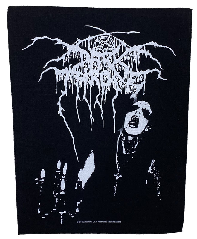 ダーク スローン・DARK THRONE・TRANSILVANIAN HUNGER・バックパッチ・パッチ・ワッペン 80年代からスラッシュ、メタルファンに愛用されている台形のプリントバックパッチです。 Gジャン、皮ジャンの背中合うように台形...