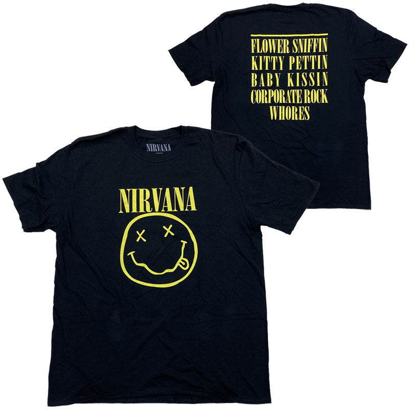 ニルヴァーナ・NIRVANA・YELLOW SMILEY FLOWER SNIFFIN BIG版・UK版・Tシャツ・ロックTシャツ プリントの大きい物が混在して入荷いたしました。 ボディ：やや薄めの柔らかい今風のボディです。 カラー：ブラッ...