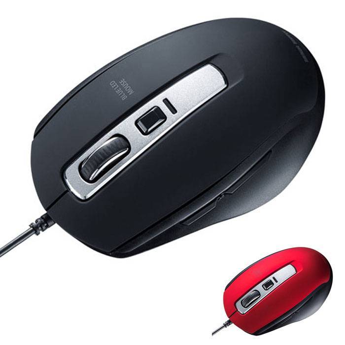 SEARCH WORD：有線 ブルーLED マウス 5ボタン 静音スイッチ ケーブル長1.5m 中型サイズ 手のひらフィット ブラック商品概要：手のひらにフィットする形状の有線マウスです。マウスポインタを動かさず手元のサイドボタンで操作でき...