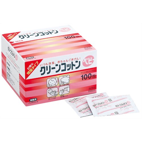 『クリーンコットンベビー 増量タイプ 100包入』【医薬部外品】商品コード：4971032230337※画像はイメージとなりますので、実際の商品とは異なる場合がございます☆厚手の脱脂綿に精製水と少量の薬液を含浸させた、単包滅菌済清浄綿◆脱脂...