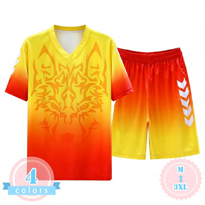表地：ポリエステルメイン素材：ポリエステル【スポーツウェア】グラデーションカラーが映える半袖Tシャツとハーフパンツの上下2点セットです。存在感のあるフロントプリントと鮮やかな色合いが、日常のトレーニングやカジュアルな普段着にスポーティーな印...