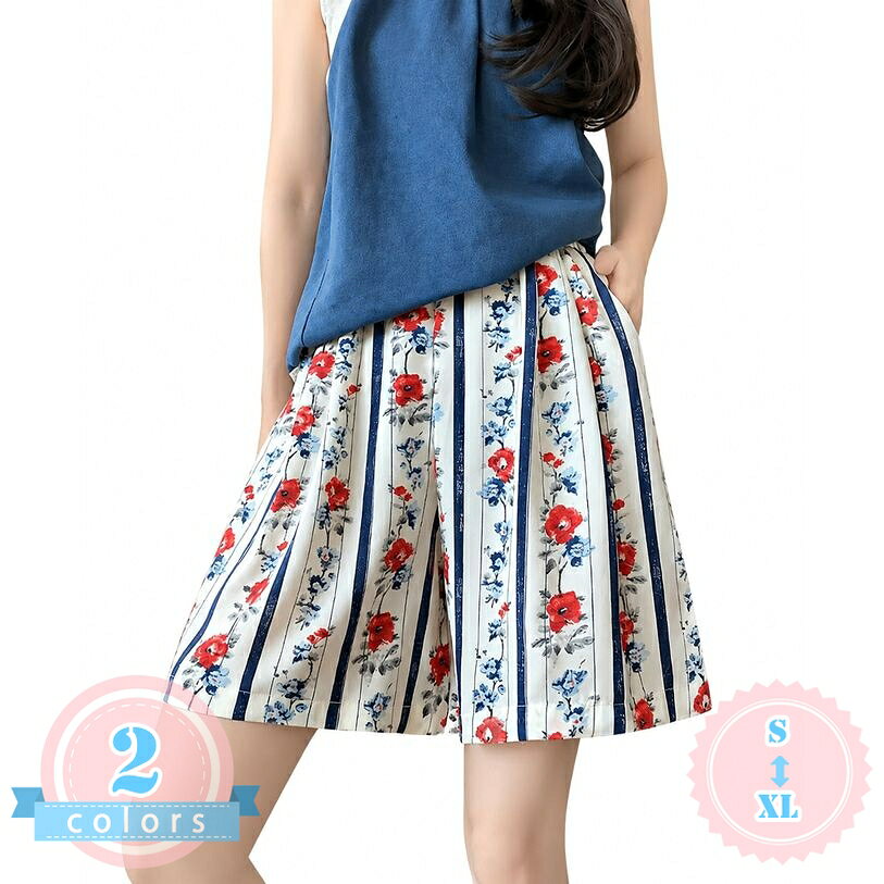 表地：ポリエステルメイン素材：ポリエステル【レトロ花柄ショートパンツ】華やかなバラ柄とクラシックなストライプを組み合わせた、ヴィンテージ感漂う大人可愛いショートパンツです。上品な落ち着きのあるカラーリングで、カジュアルからきれいめスタイルま...