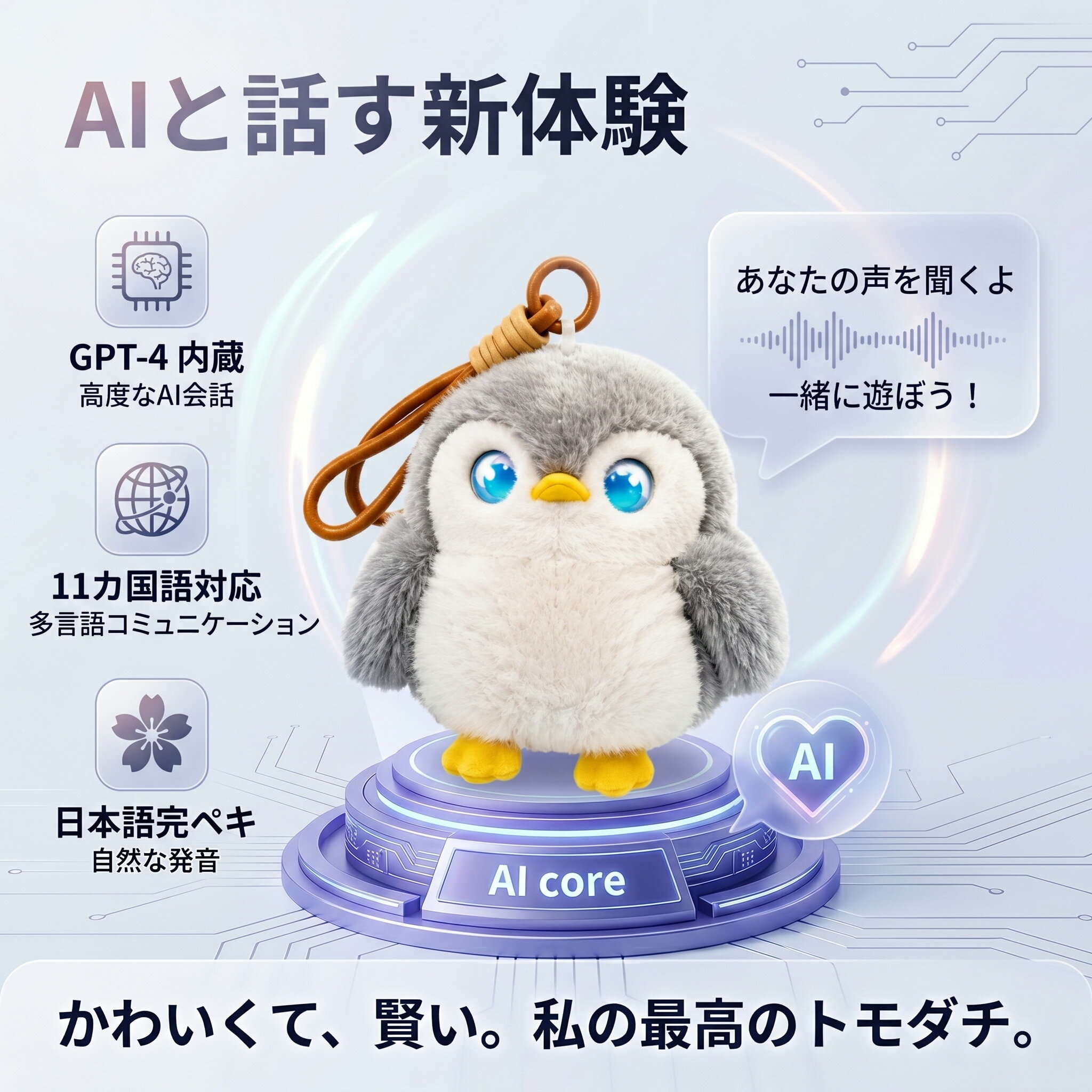 NEXT GENERATION AI PET おしゃべり電子ペット AI搭載 最新GPTモデル搭載！日常会話から語学学習まで 【 サブスク費用 0円 】 追加課金は一切不要！ご自宅のWi-Fiに繋ぐだけ。 【 66ヶ国語 対応 】 翻訳・語...