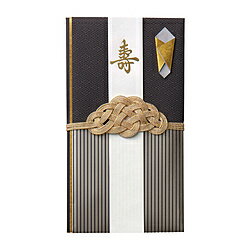 日本の伝統的な婚礼衣装である、和装をモチーフにした祝儀袋です。紋の中でも特に優美な四菱紋と箔押しされた縞模様は、新郎が着る上品で格が高い紋付羽織袴をイメージしています。サイズ：100×180mm。「寿」、「御結婚御祝」、「無地」の短冊3枚入...