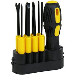 差替ハンドル：-3mm、-5mm、-6mm、+No.0、+No.1、+No.2、千枚通し、釘抜き。ドライバー材質：Cr-V、PP。差替グリップ材質：PP+TPR。グッ!!と握れてしっかりフィット!!太径グリップ採用。先端磁力入り。