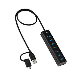 これ1台でポート不足を解消！7つのUSB-Aポートを搭載したUSBハブです。USB-AプラグをUSB Type-C(TM)プラグに変換するアダプター付きで、機器を選ばず接続可能。バスパワー・セルフパワー両対応で電源要らずな手軽さと、付属のA...