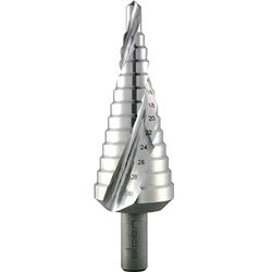 ■素材にコバルトハイスも用いることにより、安定した作業性と高寿命を両立しています。【用途】・被削材： 鉄（4～6mm）【仕様】・段幅（mm）： 4.5・段数（段）： 9・シャンク径（mm）： 8・穴あけ寸法（φ）： 4、6、8、10、12、...