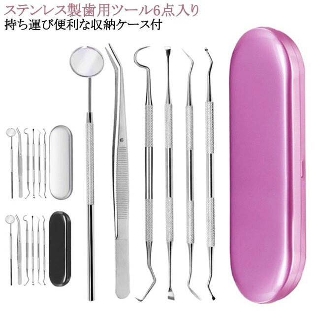 ステンレス製歯用ツール6点入り/持ち運び便利な収納ケース付高級ステンレス製歯用ツール、ご家庭でも使えるプロ用セット。自宅で本格汚れ除去、充実の7点セット。初心者にも安全安心の高級ステンレス製。自宅で手軽に 食べかす、歯石、歯垢、虫歯、色素沈...