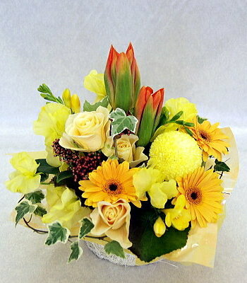 　 ■商品サイズ■ 高さ　25 cm 幅　25 cm 奥行き　20 cm ■使用花材■ チューリップ・ガーベラ・スイートピー・アイビー等 ■メッセージカード■　 オリジナルカードを無料でお付けします。 記入欄があります。 ■ラッピング■ 無...