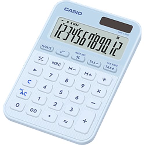 機器 ＞ オフィス機器 ＞ 電卓。気軽に気分で選ぶ、自分の色が見つかる電卓本体色・柄：ライトブルー。本体重量：118g。保証書：商品に同封。サイズ：本体 約 縦154×横101×奥18mm。