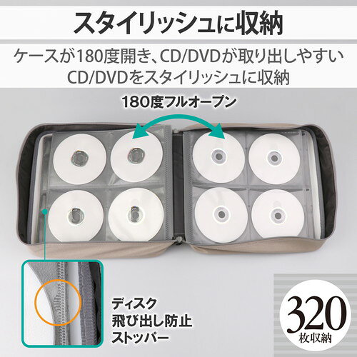 [対応機種]CD/DVD。320枚のCD/DVDをスタイリッシュに収納できるCD/DVDファスナーケースです。縦置きでも横置きでも自立し、本棚や机周りに収納しやすいスクエアデザインです。ケースが180度開きCD/DVDが取り出しやすい、フル...
