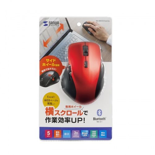 Excel作業やWebページ閲覧時に左右方向にスクロールできるサイドホイールを搭載したBluetoothマウス。左右方向のスクロールが可能なサイドホイール搭載のBluetoothマウスです。Excel作業やWebページ閲覧時に左右方向に楽に...