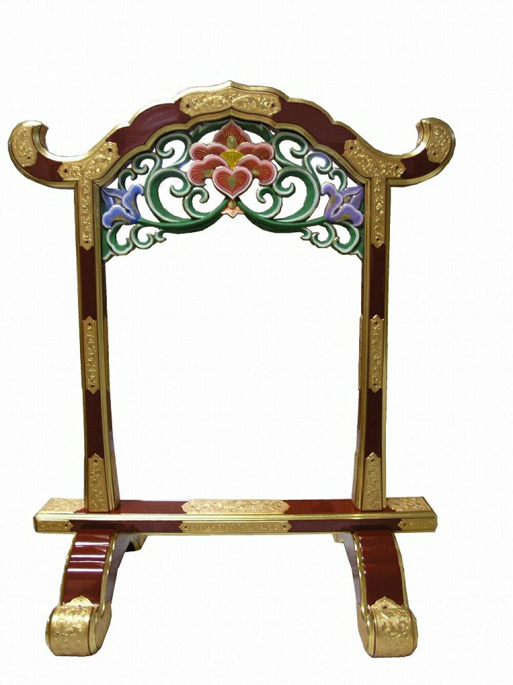 商品情報商品説明磬台　京型一号本金箔押し手打ち金具金鍍金仕上げ宝相華彫刻極彩色サイズ柱巾寸法　1.1尺 ～ 1.2尺　　　　　33cm ～ 36cm材質・仕上げ木製　一号本金箔押し代用漆塗黒or朱手打ち金具金鍍金仕上げ宝相華彫刻極彩色その他...