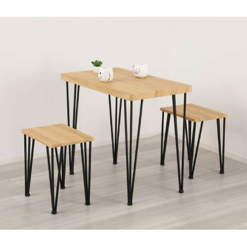 商品説明木目調とスチールの組み合わせがスタイリッシュな印象、場所をとらないコンパクトな3点セットです。 天板・座面は凹凸のあるエンボス仕上げ、角を丸く加工しています。商品詳細色・柄 モダンナチュラル 仕様 組立式 商品サイズ 【テーブル】W...