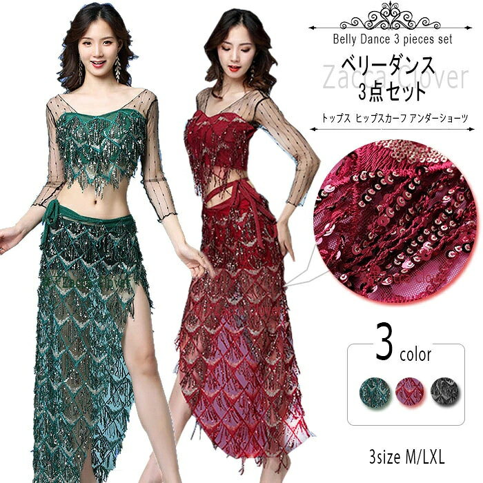 商品 ベリーダンス衣装 3点セット（トップス+ヒップスカーフ+アンダーショーツ） ロング丈スカーフの3点セット：3960円 ショート丈スカーフの3点セット：3780円 商品により、金額が違います。 注文後、弊社のスタッフから金額を修正いたし...