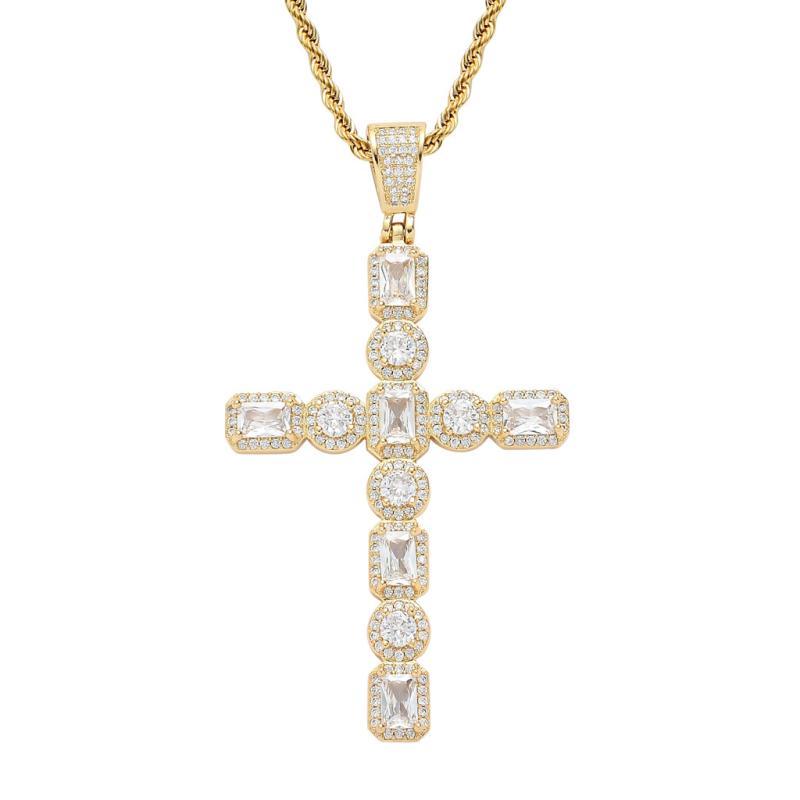 ・素材: 銅・処理: 微镶锆石・カラー: 金色+3mm*60cmステンレス麻花チェーン, 銀色+3mm*60cmステンレス麻花チェーン・流行: 十字架・スタイル: 嘻哈・製品: ネックレス