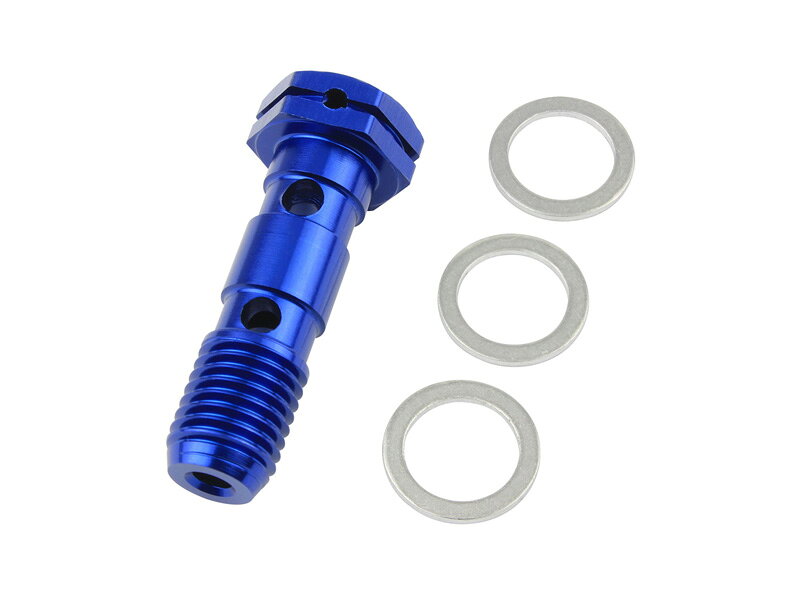 【品名】 バンジョーボルト　ダブル(W)　M10-P1.25 【品番】 950020-01 【特徴】 アルミ削り出しのバンジョーボルト ◆M10xP-1.25（ダブル） ◆ガスケット3枚付属 ◆アルミ削り出し／アルマイト仕上げ ◆日本製 【...