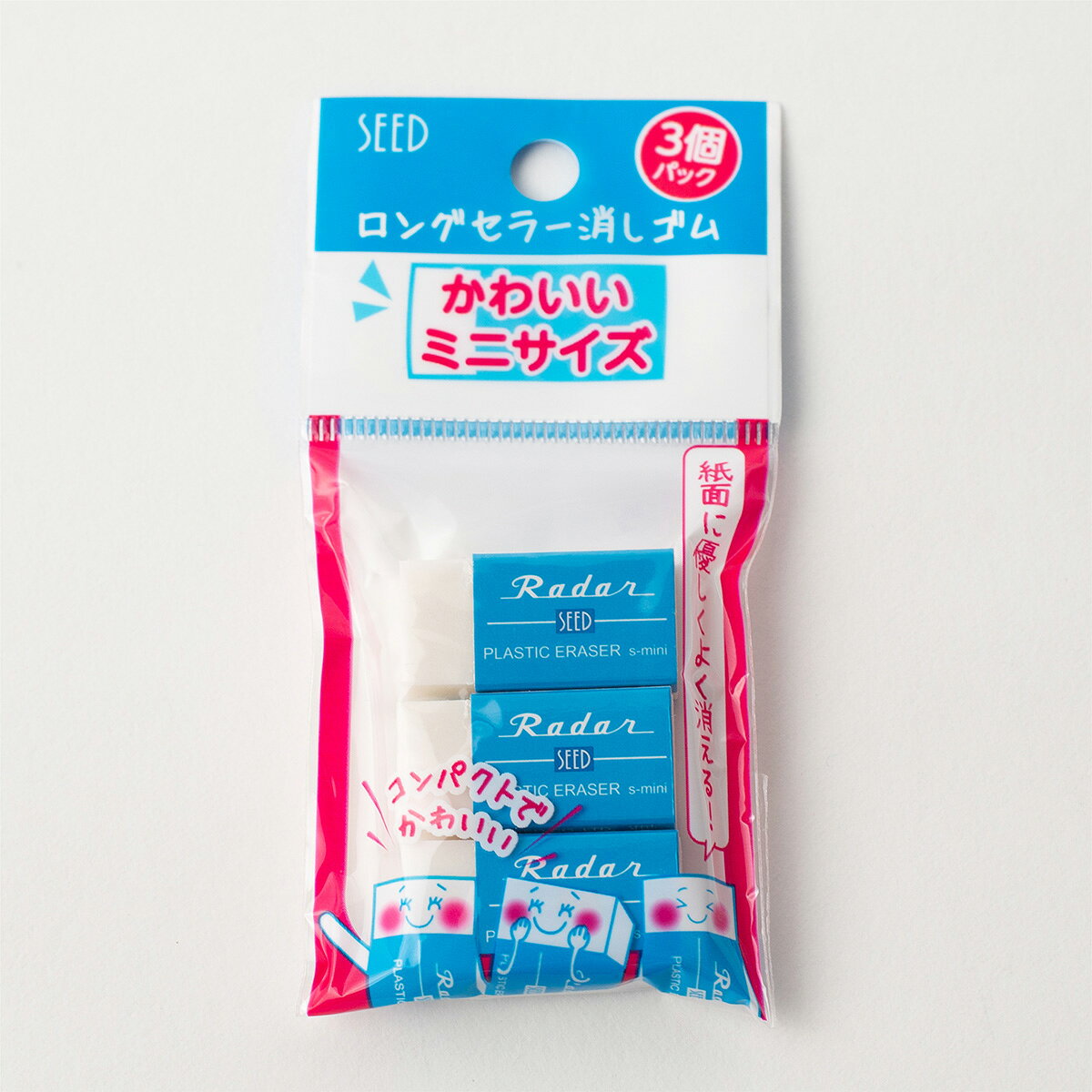 可愛いミニサイズで3個入りのマイルドな消し味と優れた消字能力を持った、高性能・高品質のプラスチック字消し「レーダー」。『青いケースの消しゴム』で親しまれているロングセラー商品です。 従来（S-60シリーズ）と比べると体積は約1/2でコンパク...