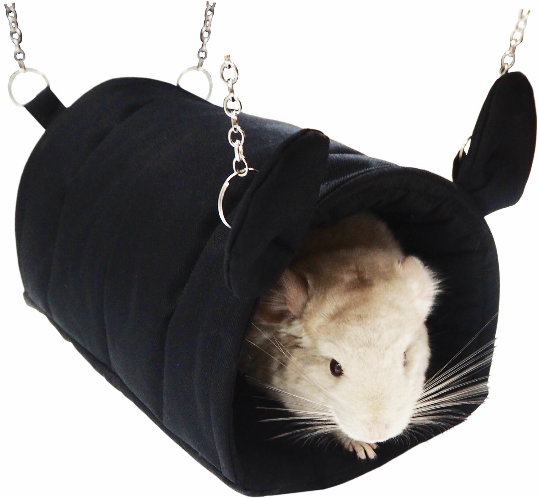 チンチラ用吊り下げ型のトンネルハウス トンネルハンモック　ブラック サイズ：幅約16cm　奥行き約25cm高さ約14cm　取り付け部分約13cm ・チェーン使用 チンチラにぴったりの吊り下げ型のハウスです！ 丈夫でお手入れしやすいナイロンと...