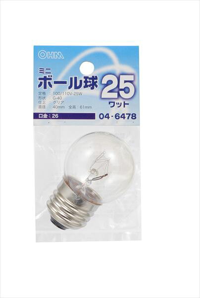 【 仕 様 】 ■ 定格：100／110V-25W ■ 形状：G-40 ■ 口金：E26 ■ 仕上げ：クリア ■ 直径：40mm 全高61mm ※ 屋内専用(屋外使用禁止）