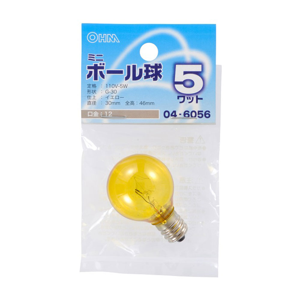 ● 透明カラーによりキラリと輝きが見えます。 ● 装飾、電飾用に使用されます。 ■ 定格：110V−5W ■ 形状：G−30 ■ 口金：E12 ■ 色：イエロー ■ 直径30×長さ46mm ※ 屋内専用(屋外使用禁止）