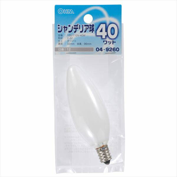 【 仕 様 】 ■ 口金：E12 ■ 定格：100／110V-40W ■ 形状：C-32 ■ 仕上：ホワイト ■ サイズ：直径32mm×全高96mm ※ 屋内専用(屋外使用禁止）