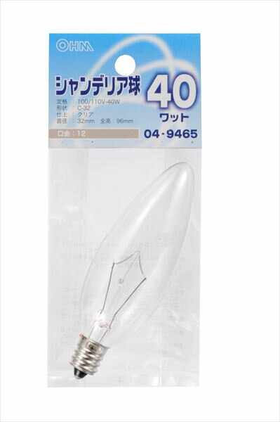 【 仕 様 】 ■ 口金：E12 ■ 定格：100／110V-40W ■ 形状：C-32 ■ 仕上：クリア ■ サイズ：直径32mm×全高96mm ※ 屋内専用(屋外使用禁止）