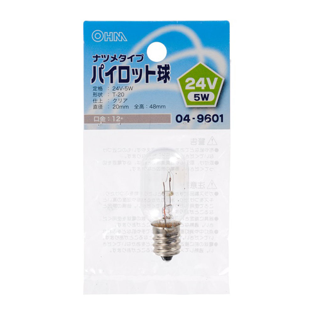 ● 配電盤、表示灯、電飾用に使われます。 ● 定格：24V−5W ● 形状：T−20 ● 口金：E12 ● 色：クリア ● 直径20mm×長さ48mm ◇　当店は（株）オーム電機直営店です