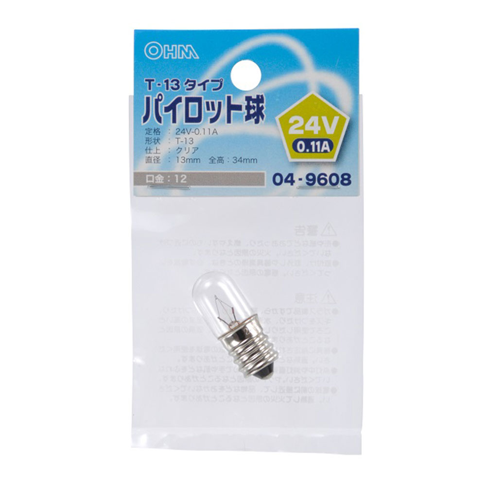 ● 配電盤、開閉装置の信号用、表示用として使用されています。 ● 定格：24V−0．11A ● 形状：T−13 ● 口金：E12 ● 色：クリア ● 直径13mm×長さ34mm