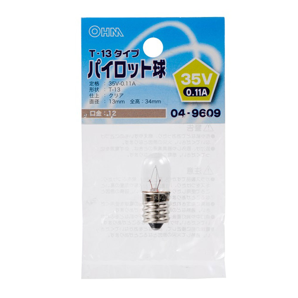 ● 配電盤、開閉装置の信号用、表示用として使用されています。 ● 定格：35V−0．11A ● 形状：T−13 ● 口金：E12 ● 色：クリア ● 直径13mm×長さ34mm ◇　当店は（株）オーム電機直営店です