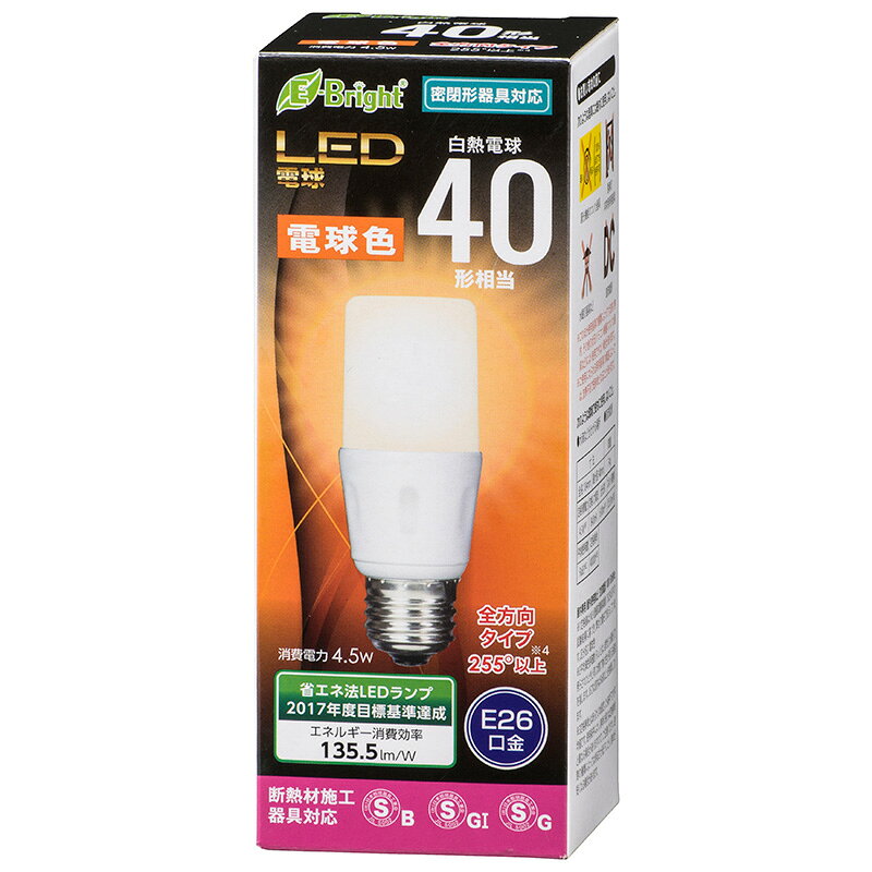 【 特 長 】 ● 白熱電球40W相当の明るさ ● 断熱材施工器具対応 ● 密閉形器具対応 ● 配光角255°以上の全方向タイプ ● 電球色 ● 口金：E26 ● 省エネ法LEDランプ2017年度目標基準達成 【 仕 様 】 ■ 寸法：全長...