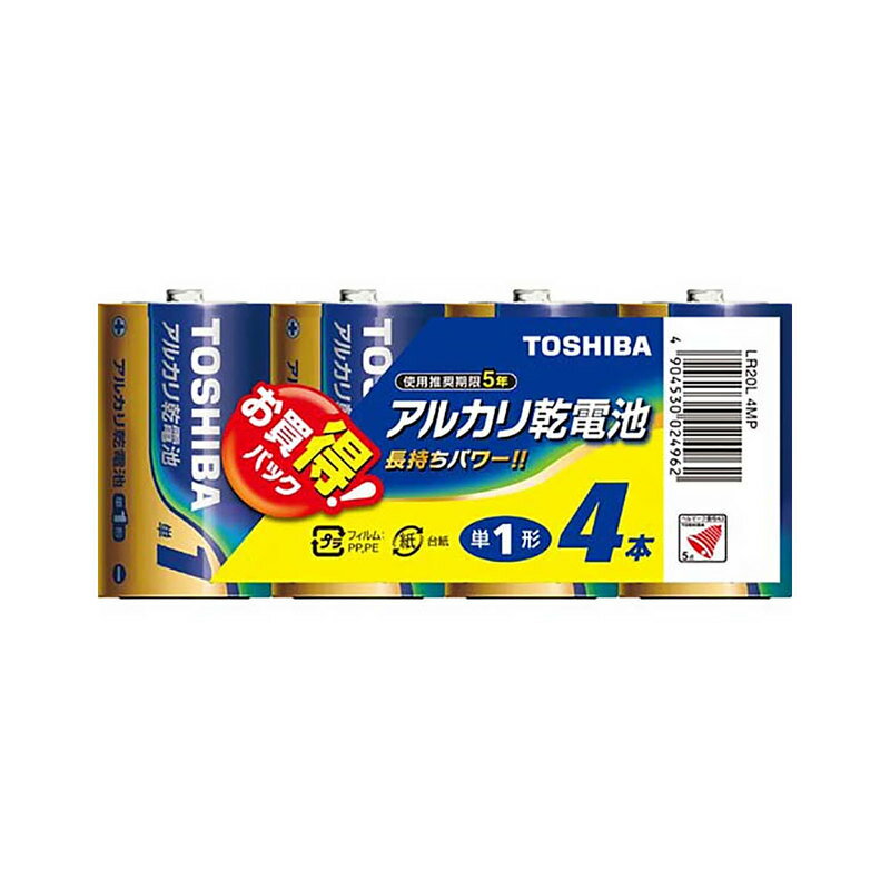 【 特 長 】 ● 安心の「使用推奨期限」5年 ● 東芝だけのベルマーク付き 【 仕 様 】 ■ アルカリ乾電池単1形×4本