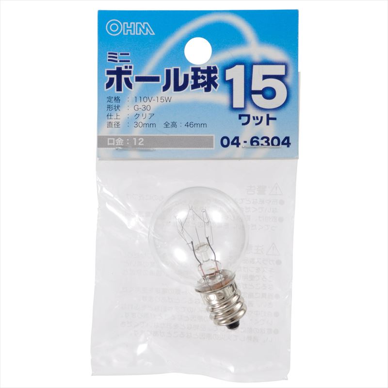 【 仕 様 】 ■ 定格：110V-15W ■ 形状：G‐30 ■ 仕上：クリア ■ 口金：E12 ■ サイズ：直径30×全高46mm ※ 屋内専用(屋外使用禁止）≪ ミニボール球／G−30・G−25 ≫ 形状 口金 区分 色 商品番号 型...
