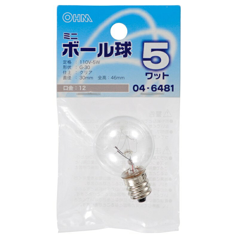 【 仕 様 】 ■ 定格：110V-5W ■ 形状：G‐30 ■ 仕上：クリア ■ 口金：E12 ■ サイズ：直径30×全高46mm ※ 屋内専用(屋外使用禁止）≪ ミニボール球／G−30・G−25 ≫ 形状 口金 区分 色 商品番号 型番...