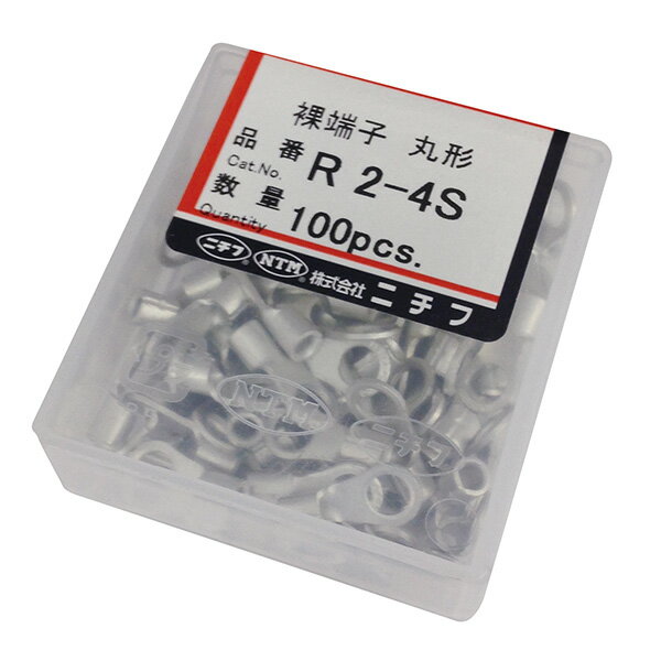 【 特 長 】 ● 裸圧着端子（R形）丸形 【 仕 様 】 ■ 材質：無酸素銅（電気すずメッキ） ■ 規格：R2-4S ■ 入り数：100個 ■ 各部の寸法（mm） 　 φd2：4.3 　 B：6.6 　 L：14.4 　 F：6.6 　 ...