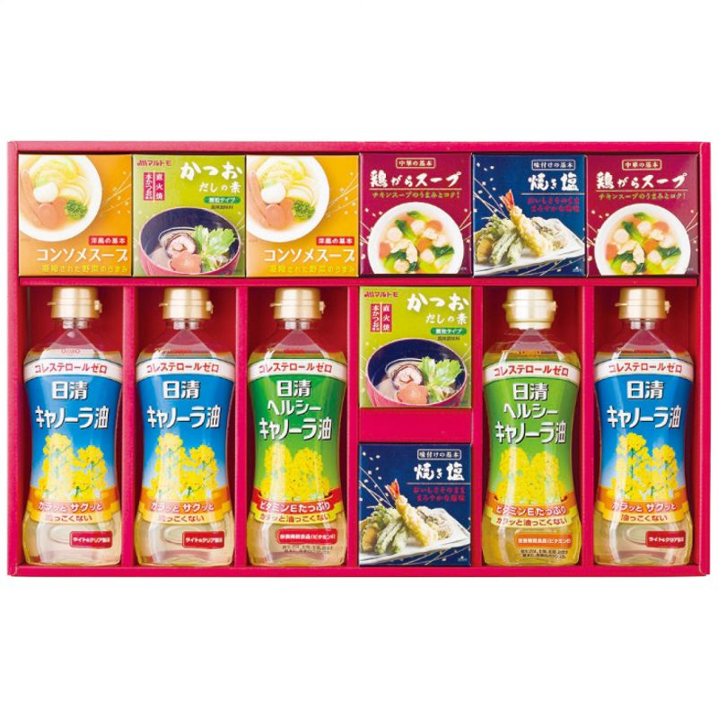 　ギフトサービスについてキャノーラ油、かつおだしの素、焼き塩など、いつもの料理の味わいを豊かにする調味料を詰合せました。和食、洋食、中華と幅広く使っていただけるバラエティ調味料ギフトです。■商品名:バラエティ調味料ギフト AP-EO■商品説...