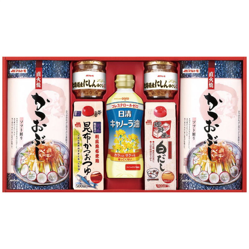 　ギフトサービスについてこだわりのかつお節削りパックと便利な調味料の詰め合わせです。■商品名:かつお節・調味料ギフト CR-40NS■商品説明:直火焼ソフトパック(2.5g×7袋)2箱・昆布かつおつゆ・鰹節屋の白だし各500ml・日清キャノ...