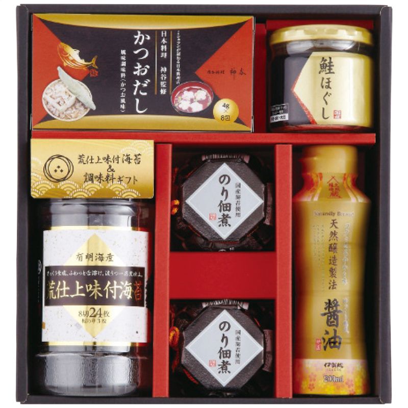　ギフトサービスについて■商品名:荒仕上味付海苔&amp;調味料ギフト NH-CZ■商品説明:味付のり(8切24枚)1個・鮭ほぐし50g×1瓶・のり佃煮80g×2瓶・かつおだし(4g×8袋)1箱・伊賀越天然醸造醤油200ml×1本・賞味期間...