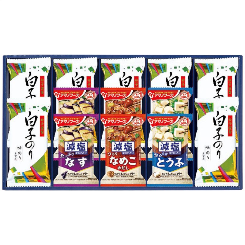 　ギフトサービスについて■商品名:アマノフーズ&amp;白子味のり詰合せ 6393-40■商品説明:白子のり味のり(8切5枚)7個・減塩いつものおみそ汁(なす9g・なめこ8g・とうふ10.3g各2個)・賞味期間/製造日より常温約360日・[...