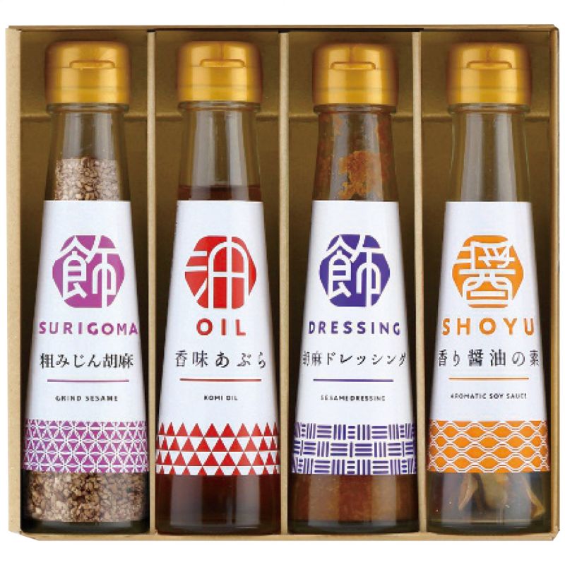 　ギフトサービスについて■商品名:調味料詰合せ 食卓の彩り SC-4B■商品説明:粗みじん胡麻45g・香味あぶら90g・胡麻ドレッシング100ml・香り醤油の素4.5g各1瓶・賞味期間/製造日より常温約360日・[日本製]・【小麦・ごま・大...