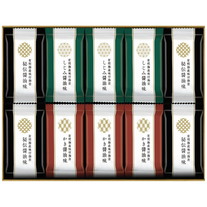 　ギフトサービスについてしじみとかきの旨みたっぷりの味付海苔と海苔屋秘伝の醤油だれで仕上げた3つの味わいを楽しめる詰合わせです。■商品名:有明海産味付海苔詰合せ SKH-50■商品説明:味付海苔(しじみ醤油味)(8切4枚)・味付海苔(かき醤...