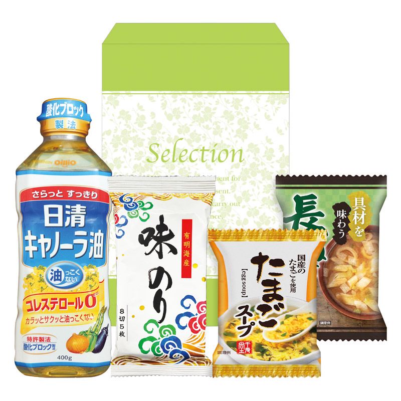 　ギフトサービスについて■商品名:日清キャノーラ油&amp;味のり・フリーズドライ詰合せ■セット内容:セット内容/日清キャノーラ油(400g)・味のり(8切5枚)・たまごスープ・具材をあじわう長ねぎのおみそ汁×各1■箱サイズ:20×13.5...