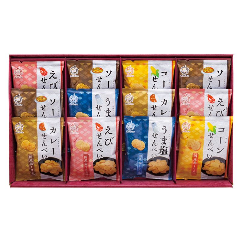 　ギフトサービスについて香ばしいえびの風味で後引く旨さの「えびせんべい」、香ばし醤油仕立ての「コーンせんべい」、あおさ海苔を練り込みソースの旨みを堪能できる「ソースせんべい」、シンプルな美味しさでお米を味わう「うま塩せんべい」とスパイシーな...