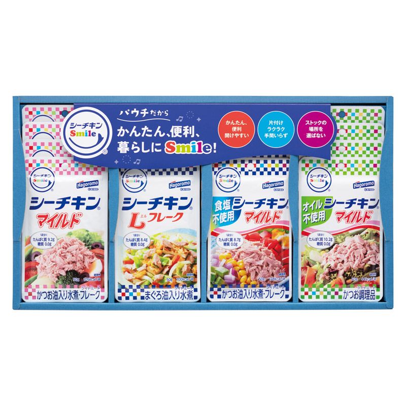 　ギフトサービスについて便利で使いやすいシーチキンSmileの詰合せです■メーカー:はごろもフーズ■商品名:シーチキンSmileギフト■セット内容:セット内容/シーチキンSmile(マイルド・Lフレーク・オイル不使用マイルド・食塩不使用マイ...