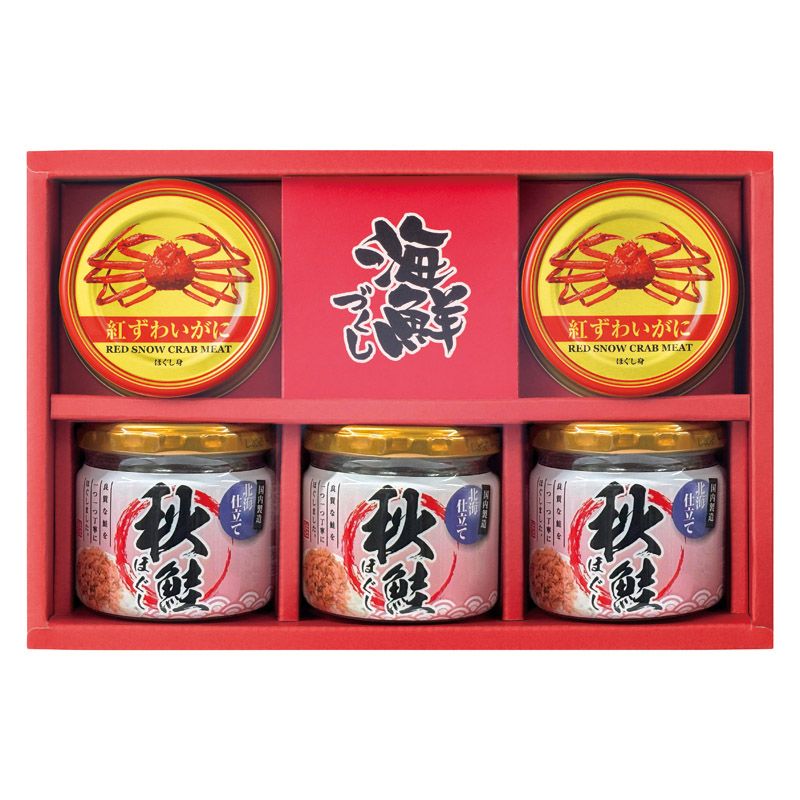 　ギフトサービスについて国内製造のカニ缶と鮭ほぐしのセットです。カニ缶は紅ずわいがにを使用しチャーハン、サラダ、スープ等、アレンジの幅も広く、もちろんそのままでも美味しくお酒の肴にも最適で、鮭ほぐしはフレークとは違い、鮭の食感と風味をお楽し...