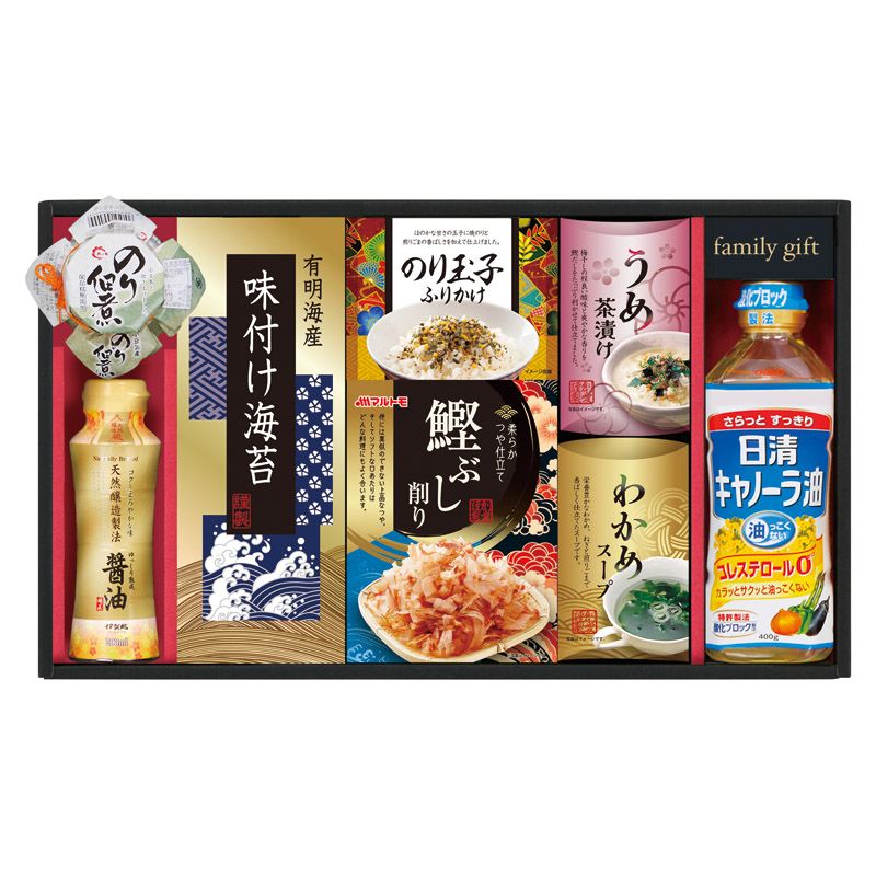 　ギフトサービスについて■商品名:日清オイリオ食卓詰合せ■セット内容:セット内容/島の香のり佃煮(80g)・有明海産味付け海苔(3切4枚)・のり玉子ふりかけ(4.5g×2袋)・鰹節削り(2g×4袋)・わかめスープ(5.3g×2袋)・うめ茶漬...