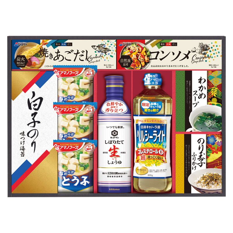 　ギフトサービスについて■商品名:日清オイリオ&amp;調味料ギフト■セット内容:セット内容/アマノとうふおみそ汁(10g)×3、シマヤ焼きあごだし(8g×4袋)・シマヤ自然派思考コンソメ(5g×4袋)・白子味のり(3切5枚)・わかめスープ...