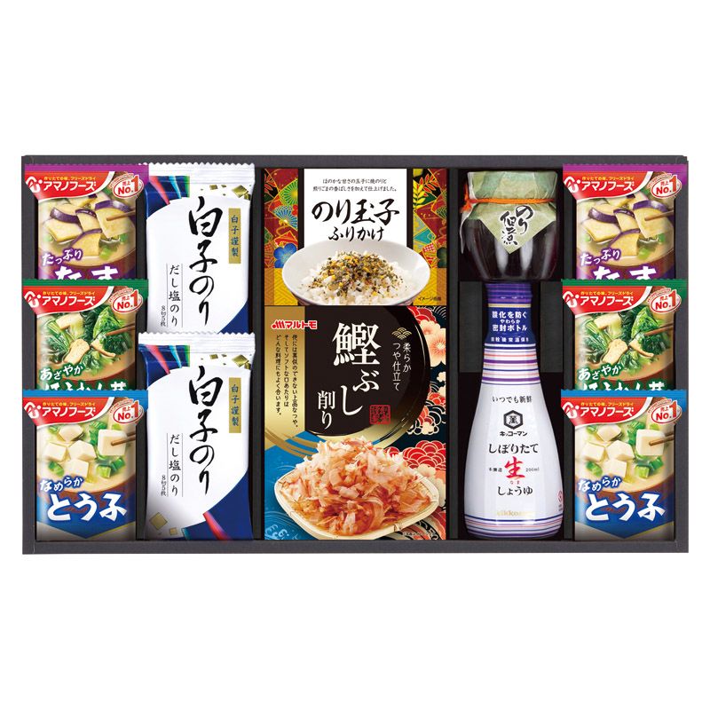 　ギフトサービスについて■商品名:キッコーマン&amp;アマノフーズ食卓詰合せ■セット内容:セット内容/アマノおみそ汁(とうふ(10g)・なす(9.5g)・ほうれん草(7g))・白子だし塩のり(8切5枚)×各2、のり玉子ふりかけ(4.5g×...