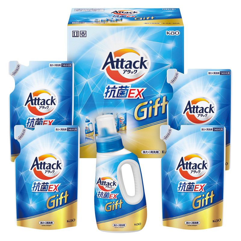 　ギフトサービスについて■メーカー:花王■商品名:アタック抗菌EXギフト■セット内容:セット内容/アタック抗菌EX詰替用(590g)×4、アタック抗菌EX(750g)×1■箱サイズ:16.6×25.1×28.4cm■品番:K・AR-30A■...